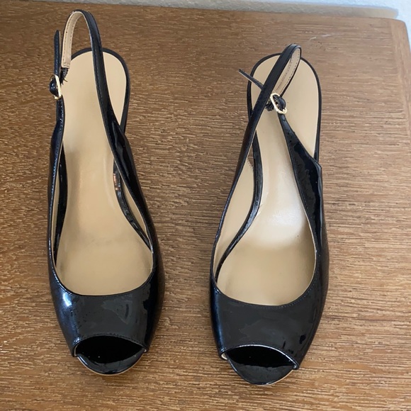 Ann Taylor | Shoes | Ann Taylor Black Patent Wedge Peep Toe Slingback ...